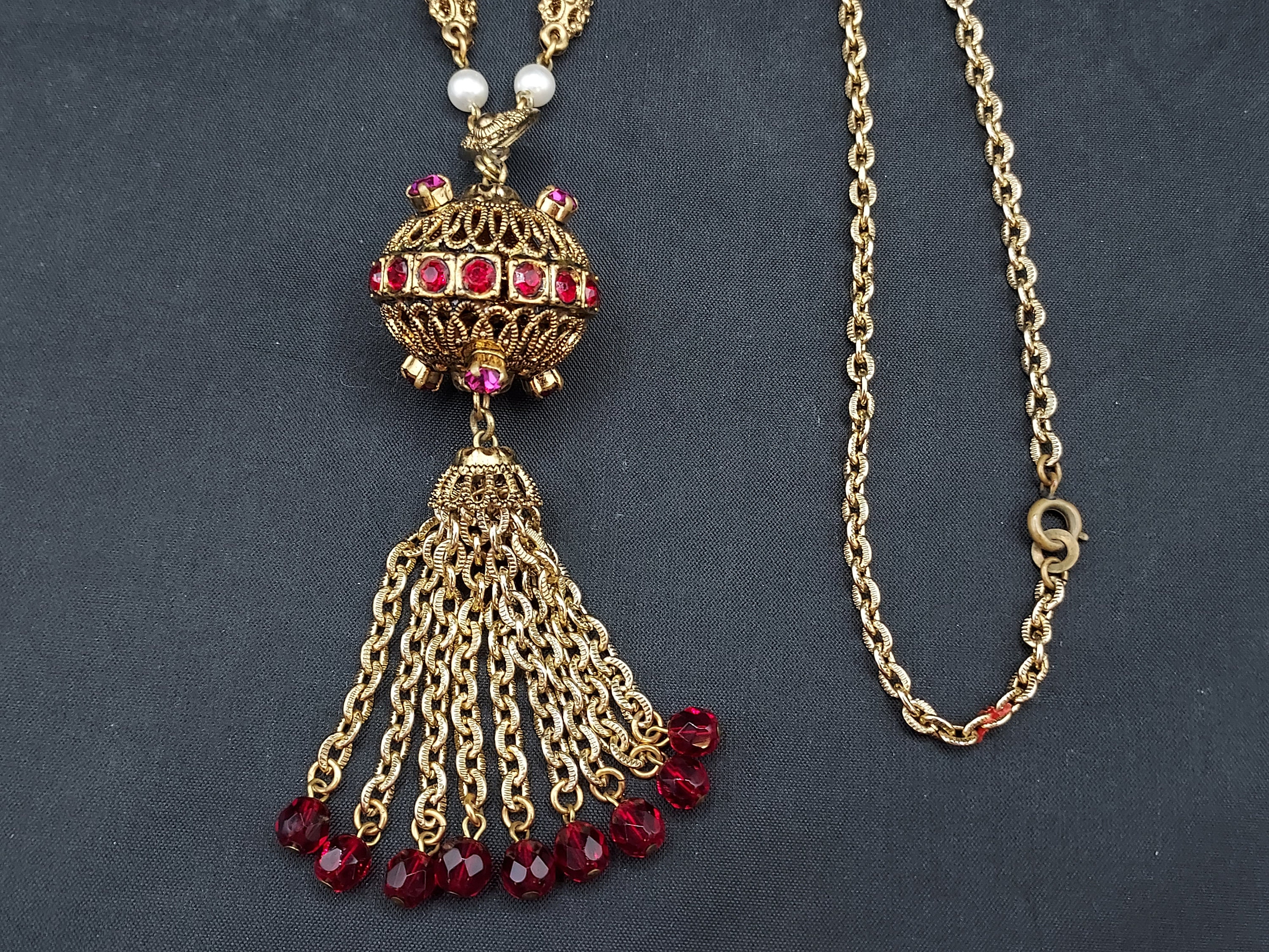 Vintage WEST GERMANY Filigree Red Pink Rhinestone Pearl Dangle Pendant Necklace - Etsy
