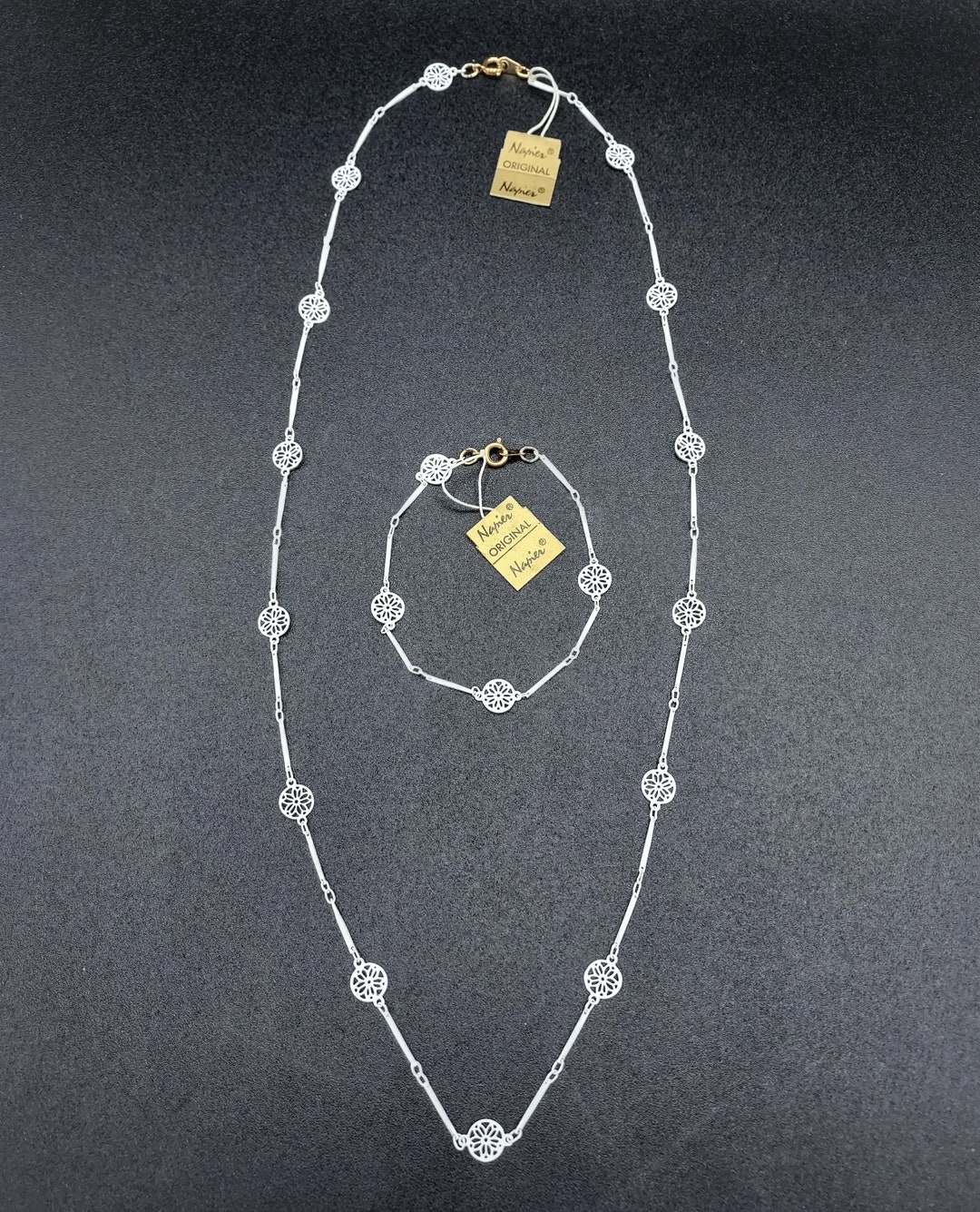 Vintage Napier White Enamel Filigree Necklace & Bracelet Set Original ...