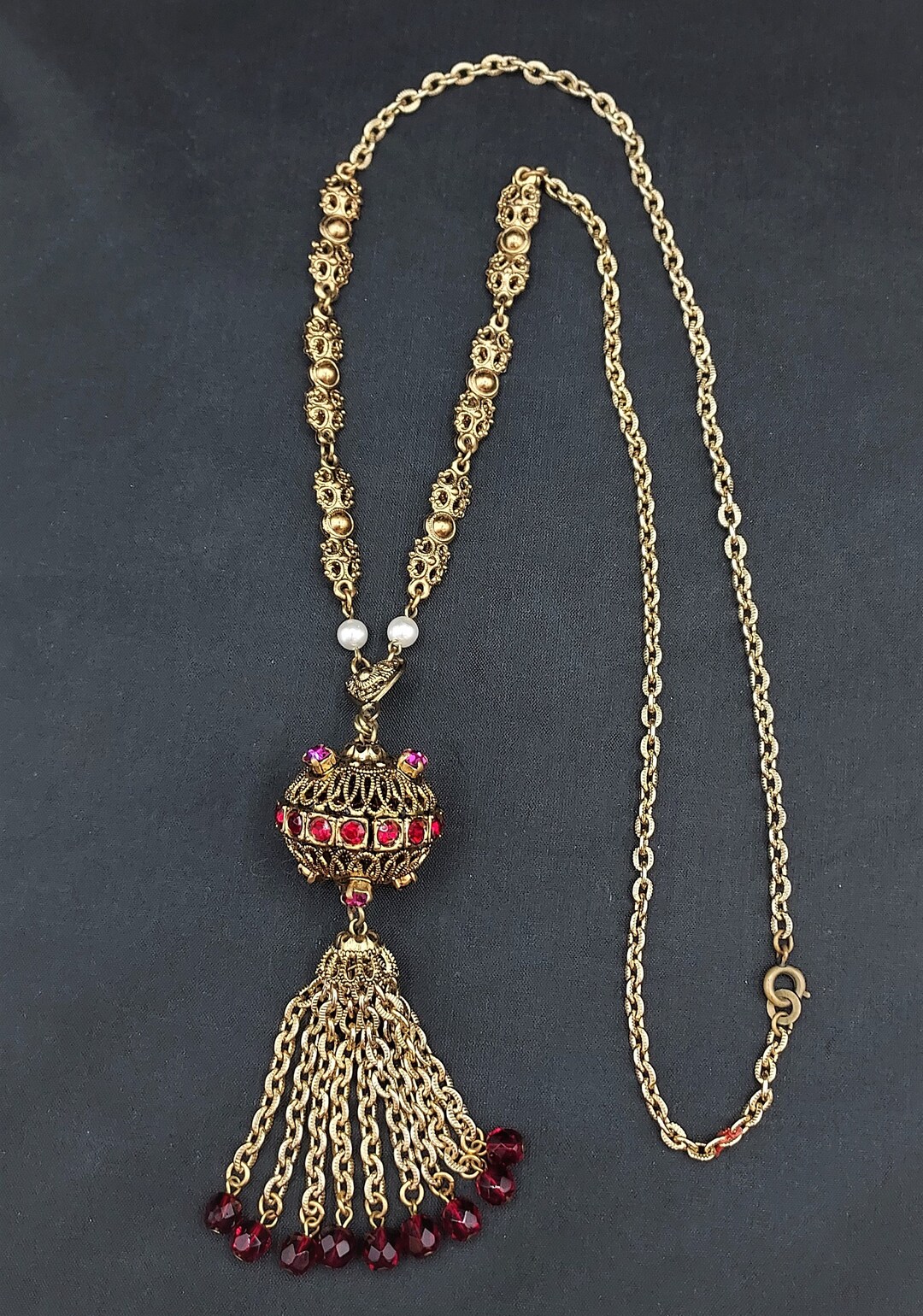 Vintage WEST GERMANY Filigree Red Pink Rhinestone Pearl Dangle Pendant Necklace - Etsy