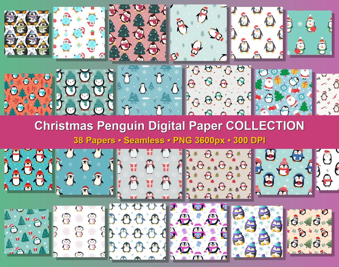 38 Christmas Penguin Digital Paper Bundle Seamless Patterns, Winter ...
