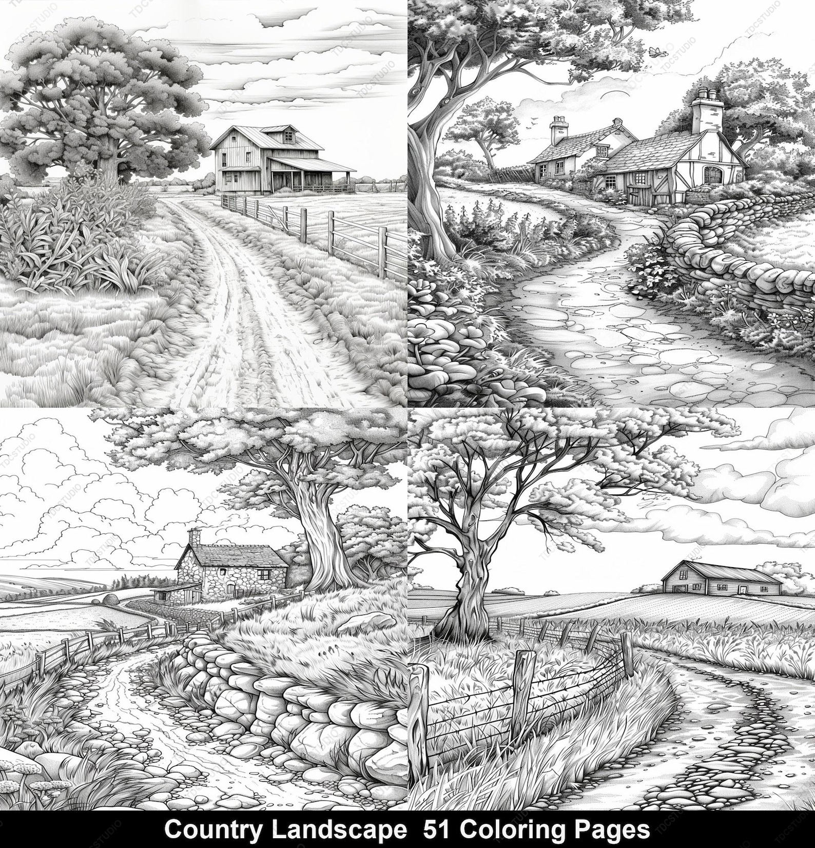 51 Country Landscape Coloring Pages Country Scenes | A4 PDF & JPG ...