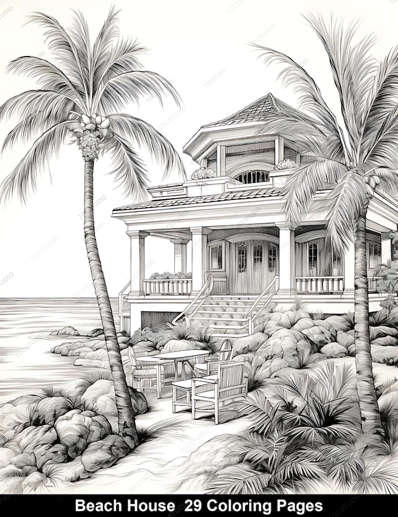 29 Beach House Coloring Pages, Tropical Coastal Scenes Palm Trees ...