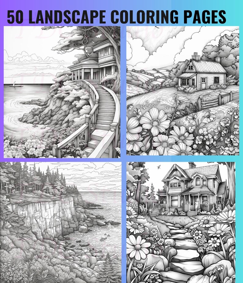 50 Landscape Coloring Pages for Adults Relaxing Nature Scenes, Cozy ...