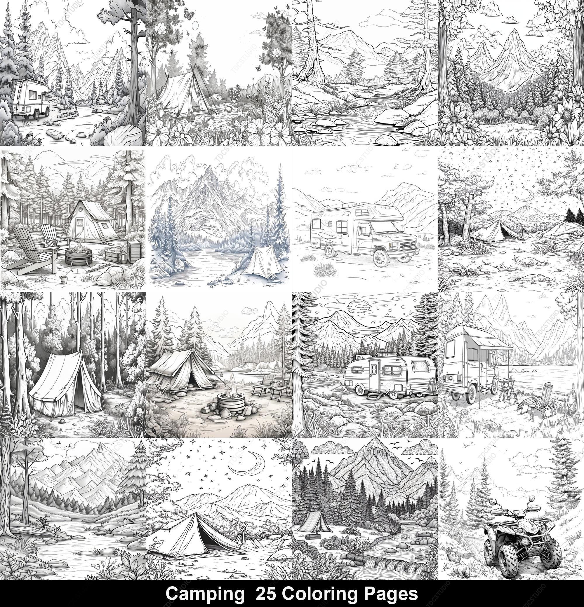 25 Camping Coloring Pages | Mountain Tent RV Adventure Coloring Book ...