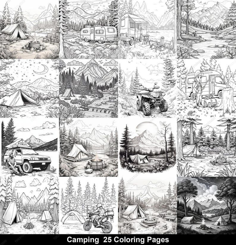 25 Camping Coloring Pages | Mountain Tent RV Adventure Coloring Book ...