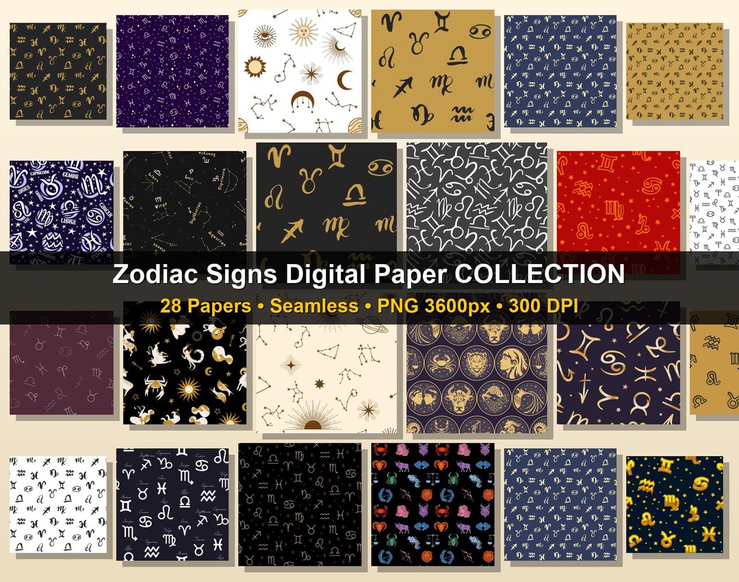 28 Zodiac Signs Digital Paper Bundle Seamless Astrology Patterns ...