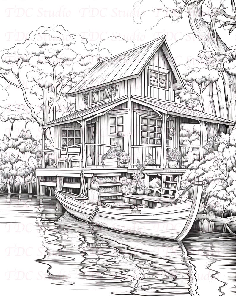 50 Waterfront Coloring Pages: Beach Houses and Boats (PDF & JPG) - Etsy
