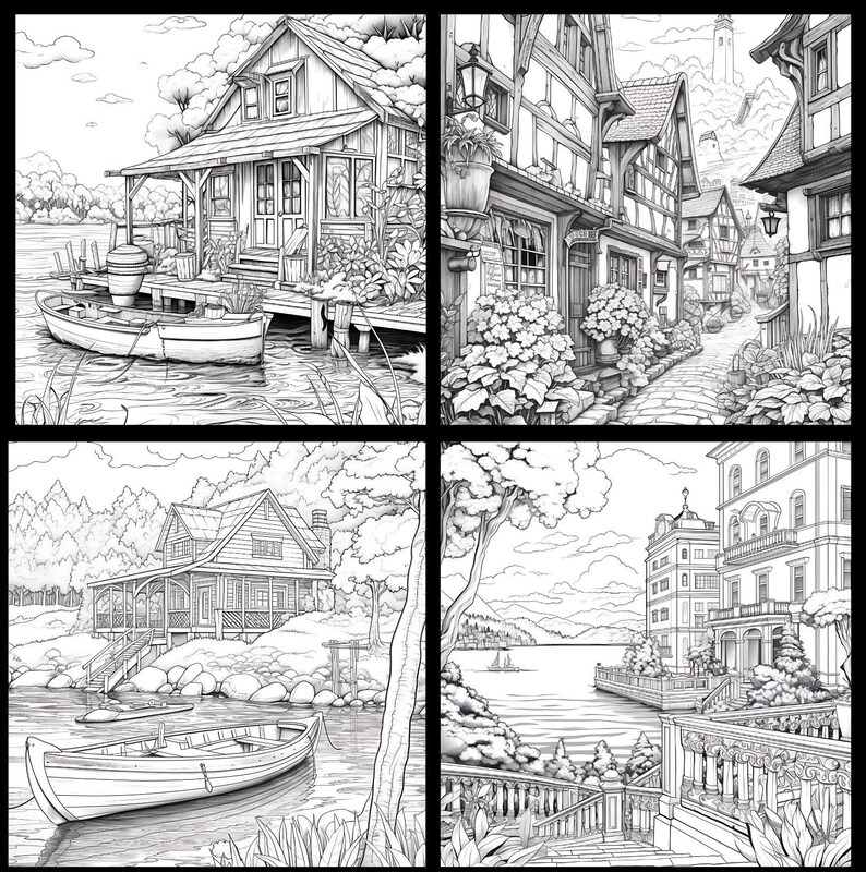 50 Waterfront Coloring Pages: Beach Houses and Boats (PDF & JPG) - Etsy