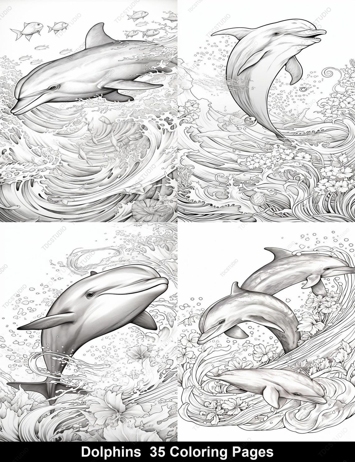 35 Dolphins Coloring Pages for Adults | Fantasy Dolphins Ocean Sea Life ...