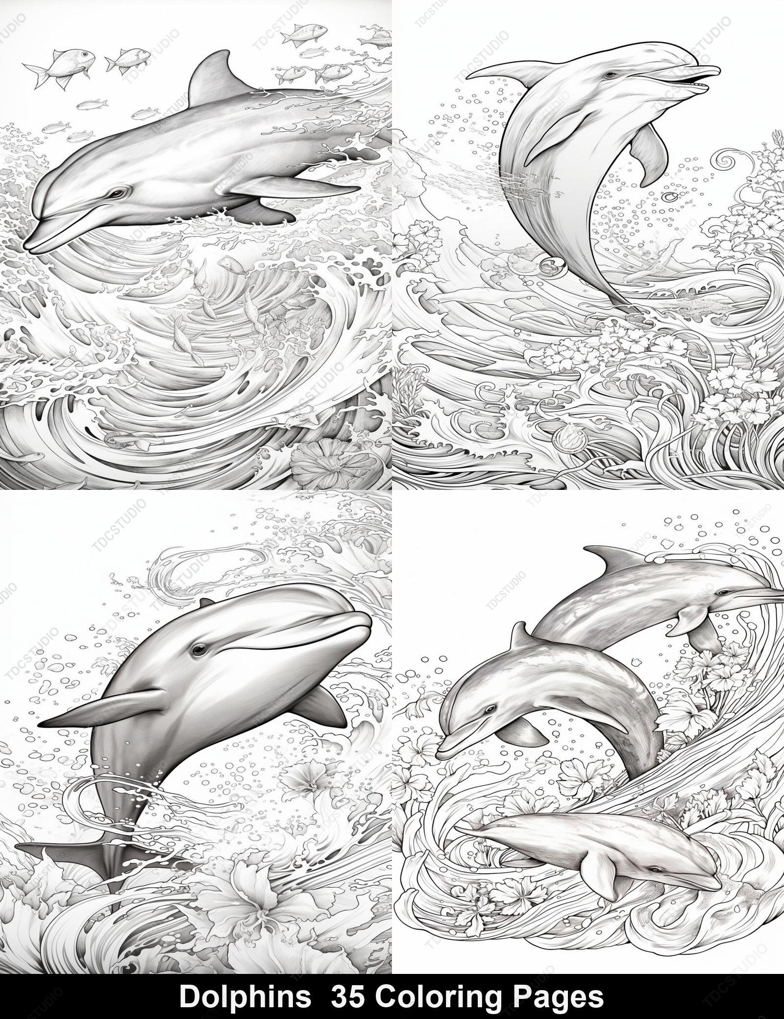 35 Dolphins Coloring Pages for Adults | Fantasy Dolphins Ocean Sea Life ...