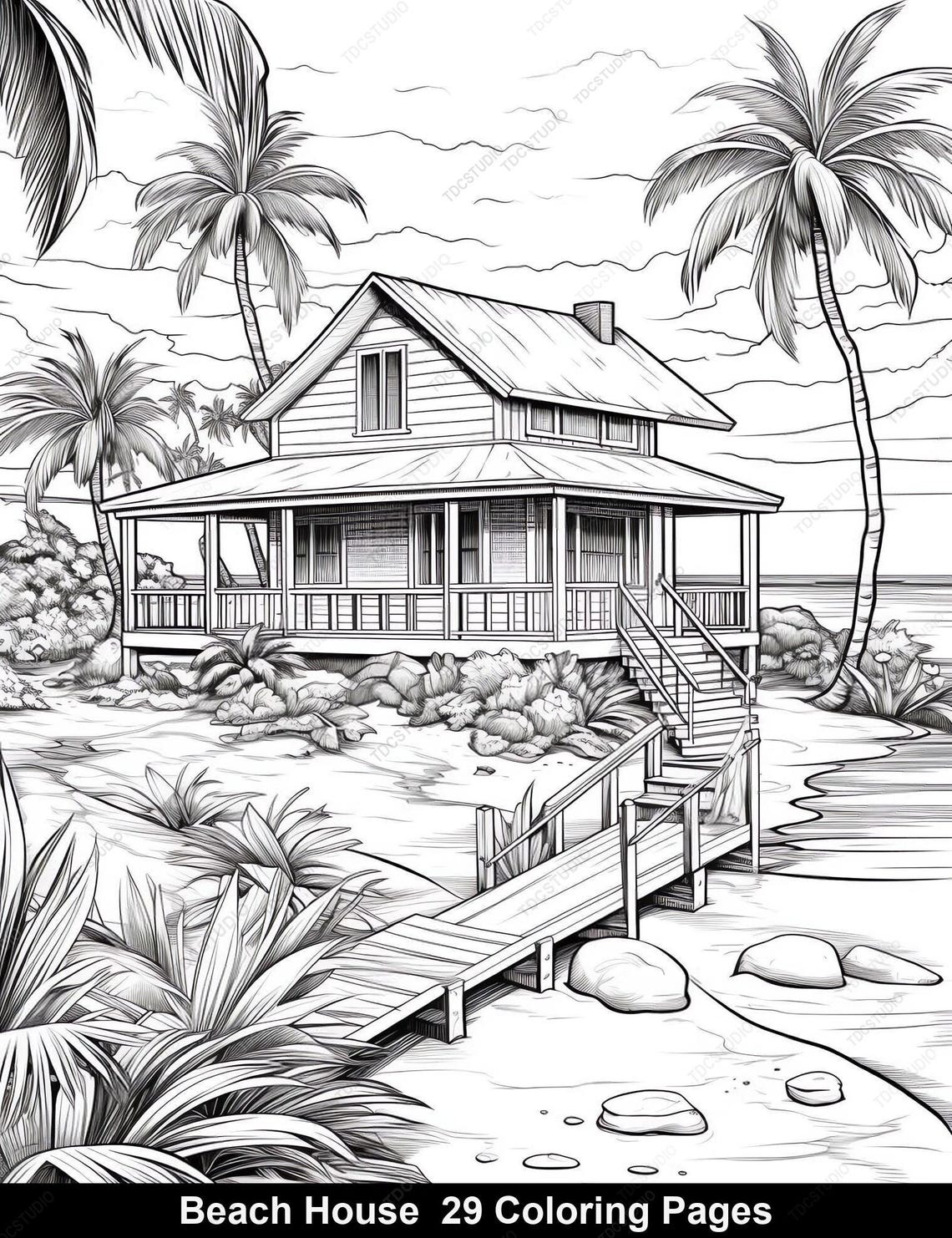 29 Beach House Coloring Pages Beach Houses Tropical Beaches, Palm Trees ...