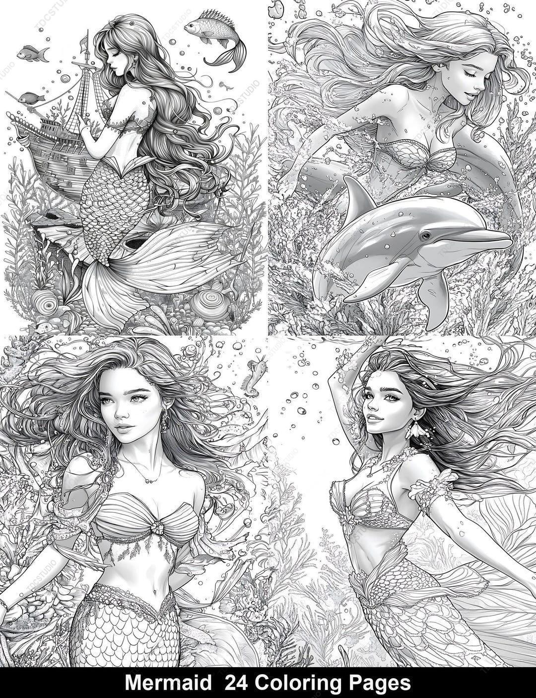 24 Mermaid Coloring Pages | Fantasy Ocean Princess & Sea Life Coloring ...