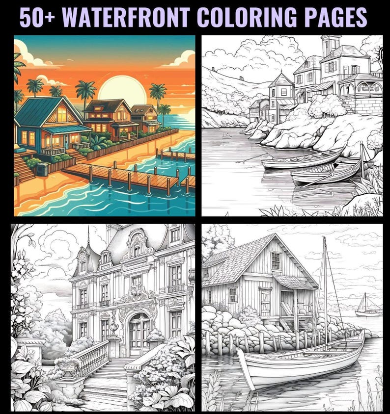 50 Waterfront Coloring Pages: Beach Houses and Boats (PDF & JPG) - Etsy
