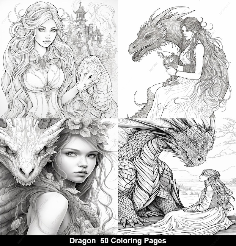 50 Dragon Coloring Pages, Princess Dragon Fantasy Art, Printable ...