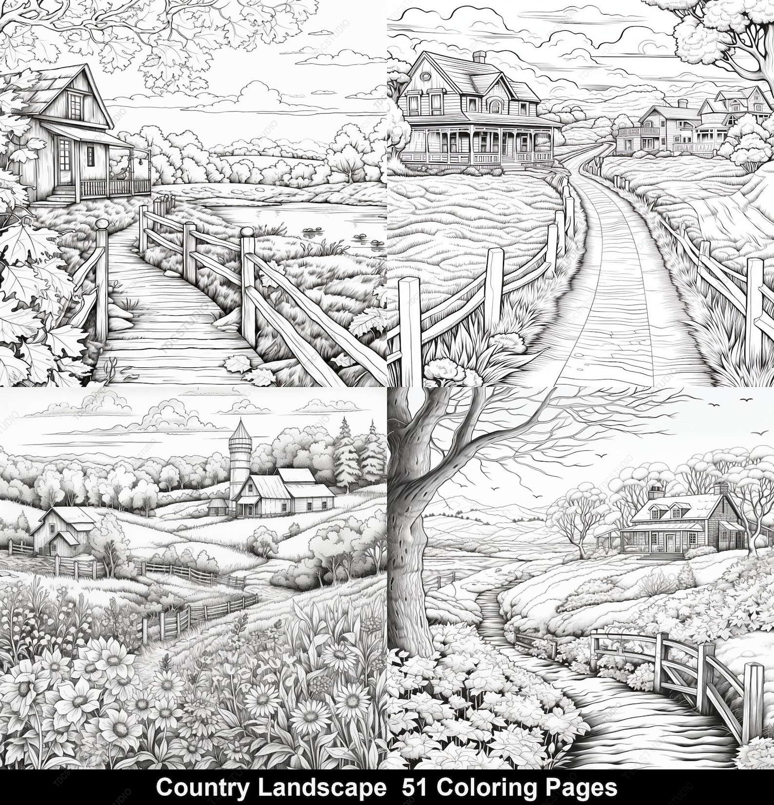 51 Country Landscape Coloring Pages Country Scenes | A4 PDF & JPG ...