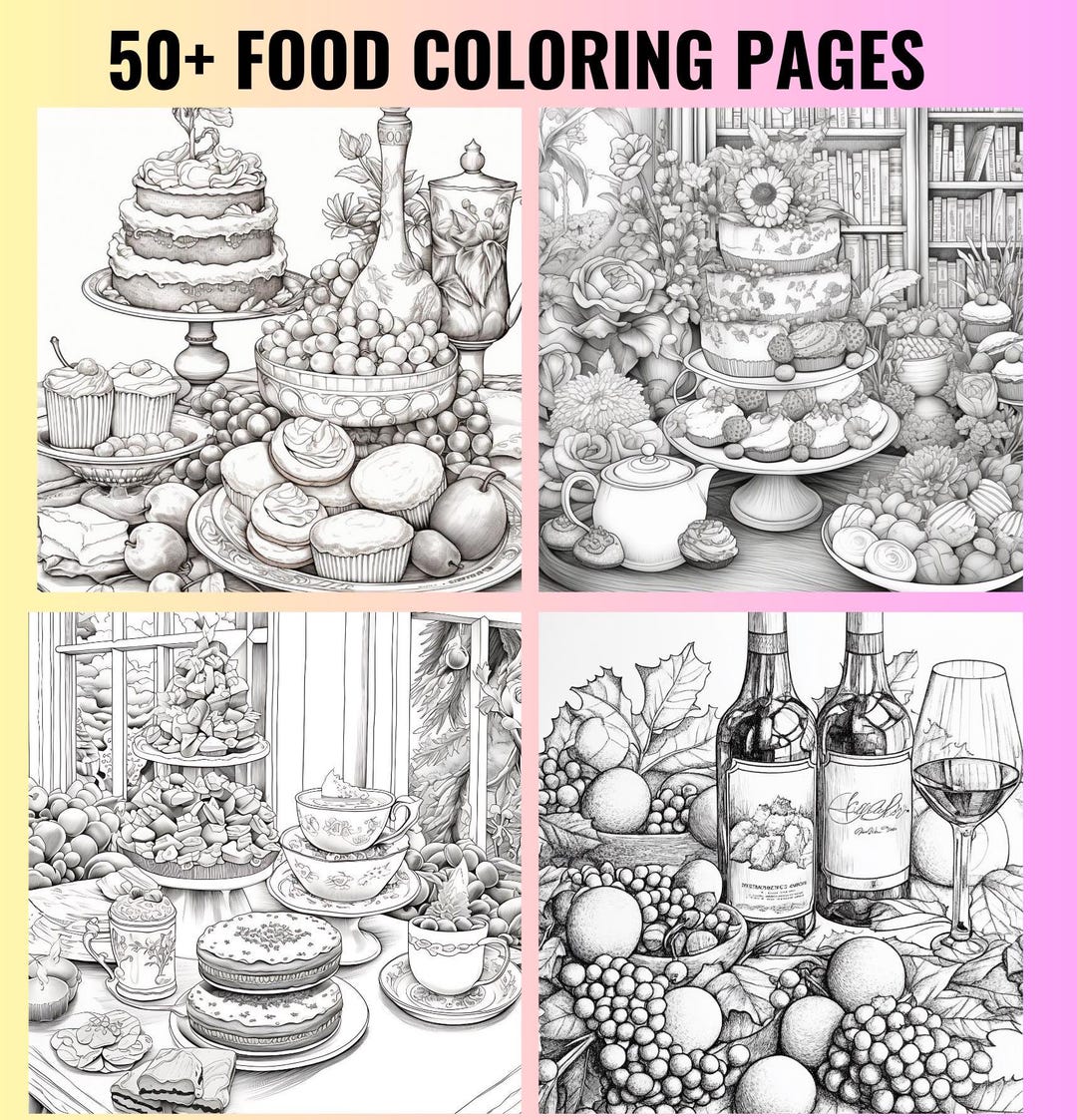 50 Food Coloring Pages Gourmet Delights Coloring Book Cakes, Pastries ...