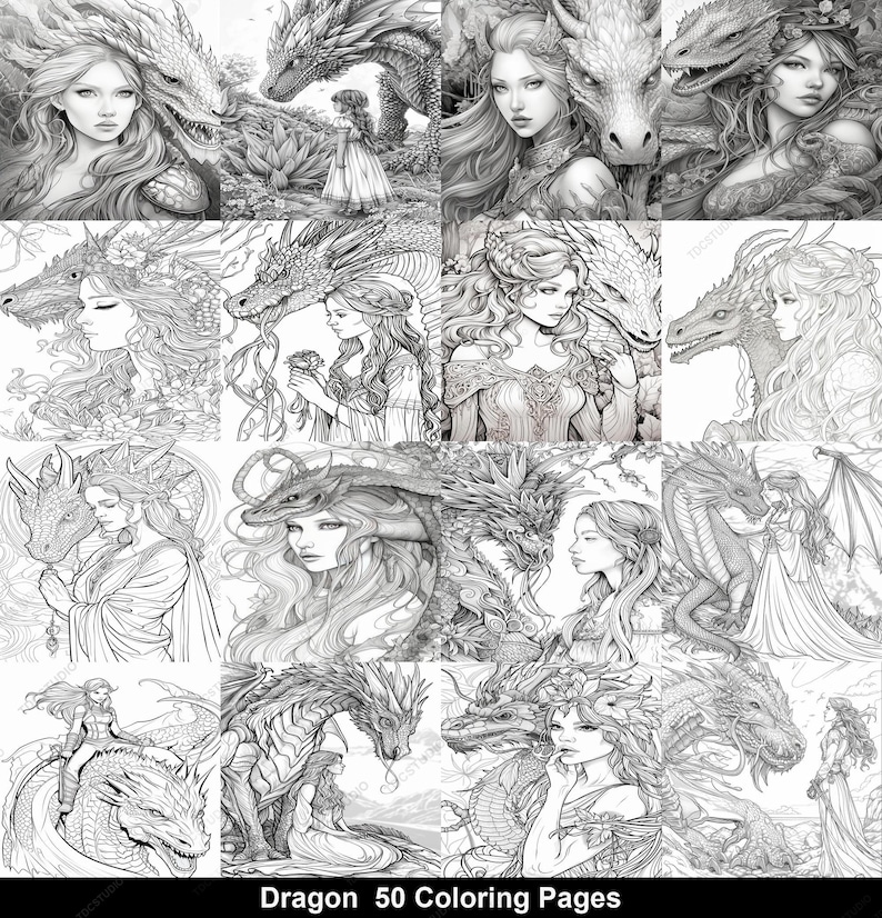 50 Dragon Coloring Pages, Princess Dragon Fantasy Art, Printable ...