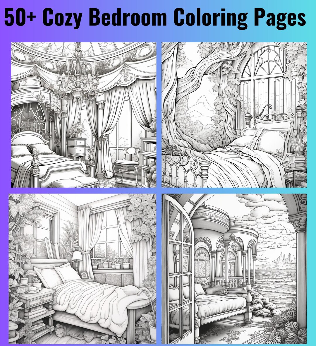 50+ Interior Bedroom Coloring Pages Relaxing and Cozy Boho Coloring ...