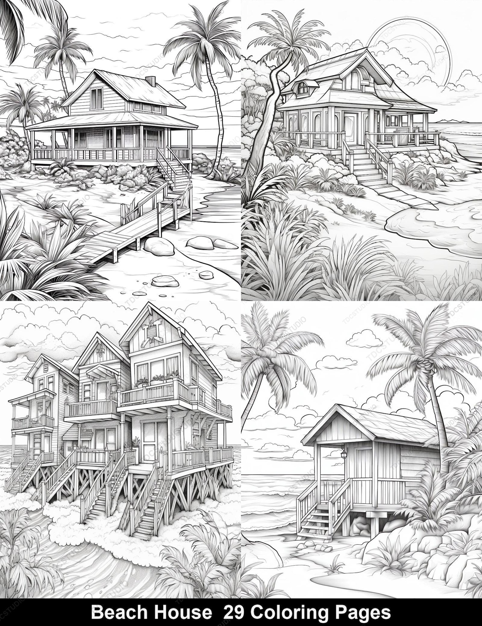 29 Beach House Coloring Pages, Tropical Coastal Scenes Palm Trees ...