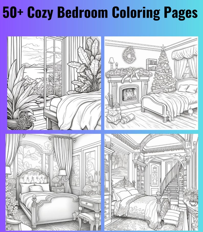 50+ Interior Bedroom Coloring Pages Relaxing and Cozy Boho Coloring ...