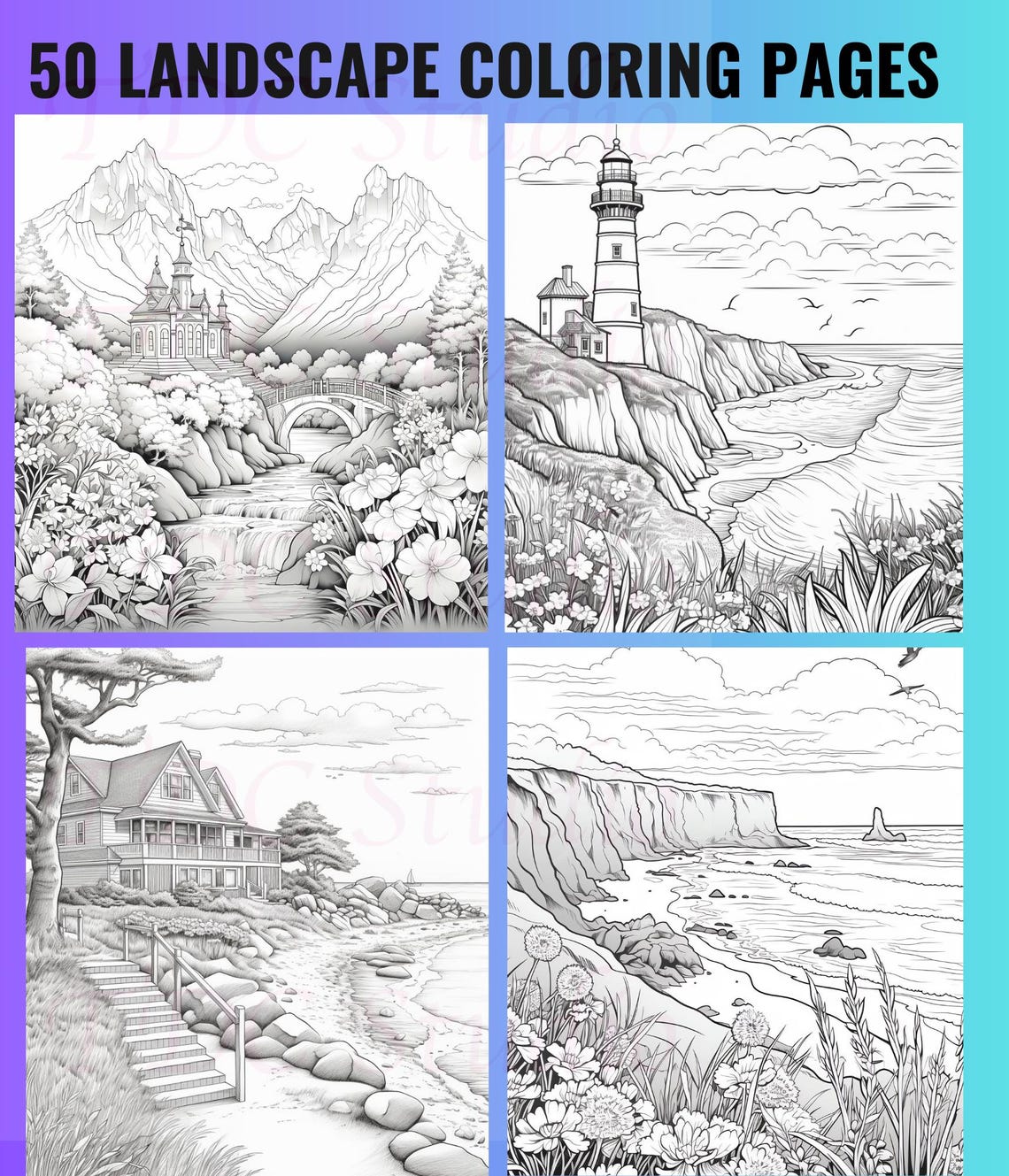 50+ Landscape Coloring Pages for Adults | Relaxing Nature Scenes Forest ...