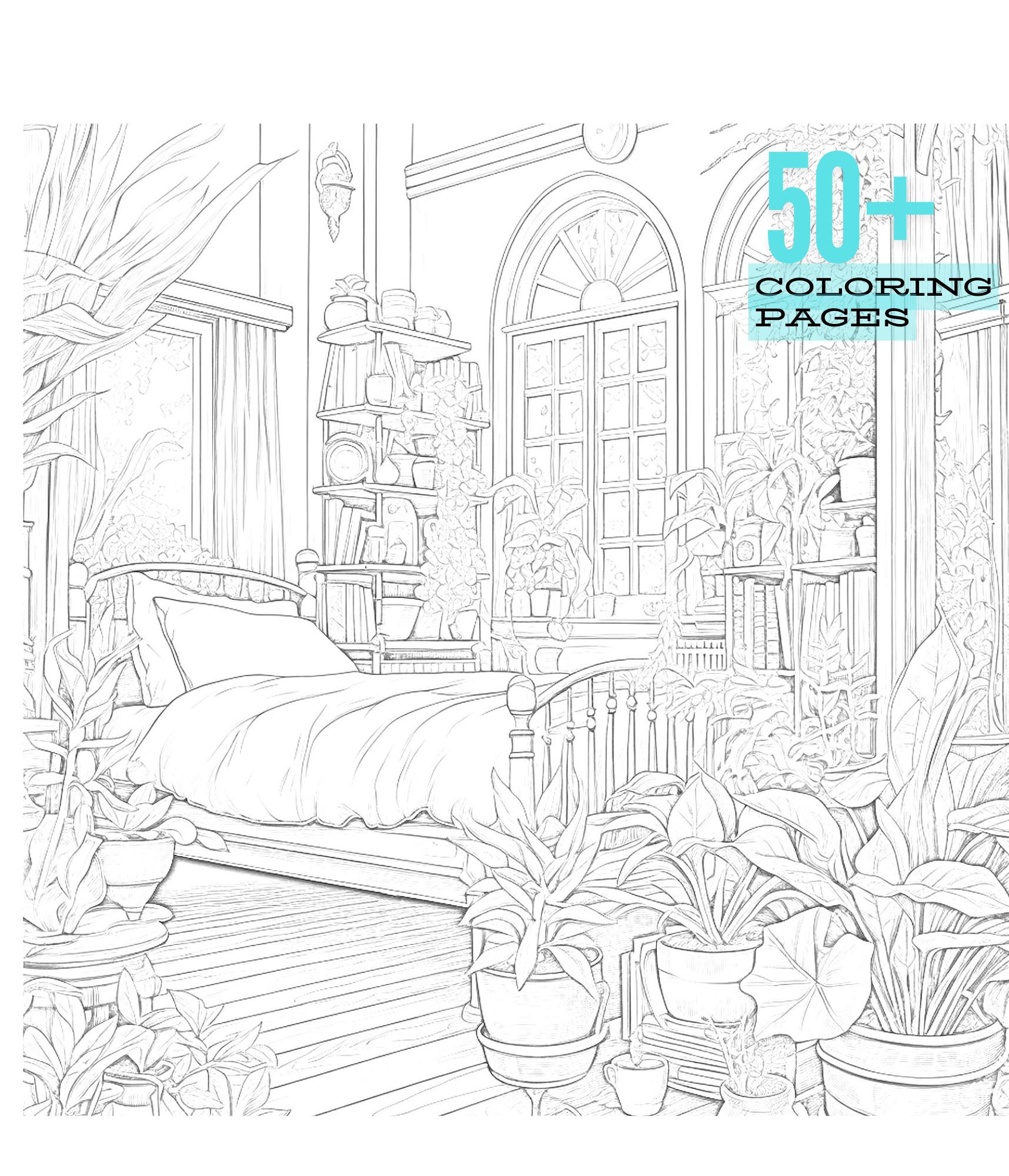 50+ Interior Bedroom Coloring Pages Relaxing and Cozy Boho Coloring ...