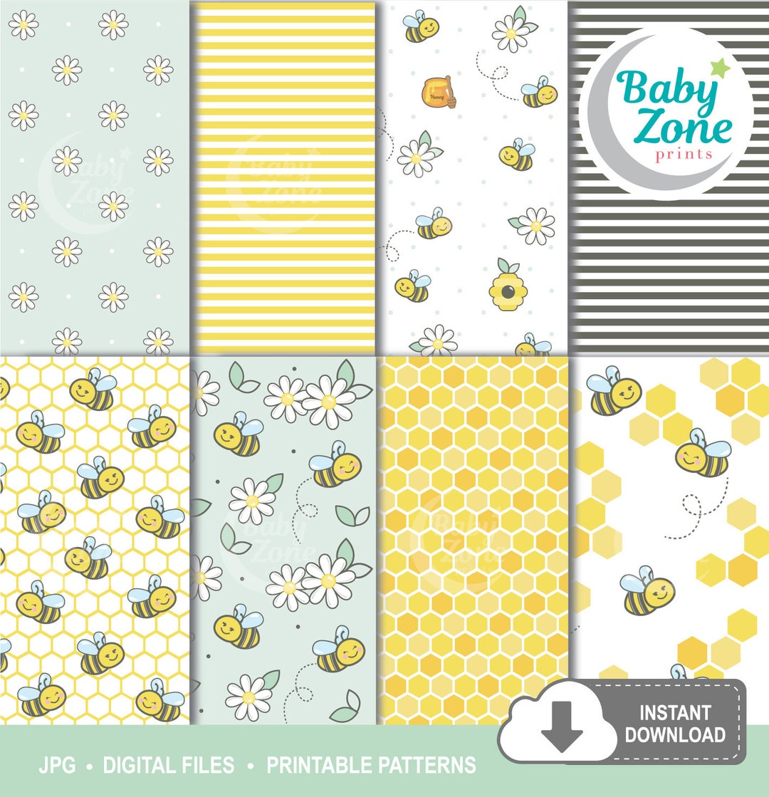 Bumble Bee Digital Paper Patterns Pack, Baby Scrapbooking Paper, Baby ...