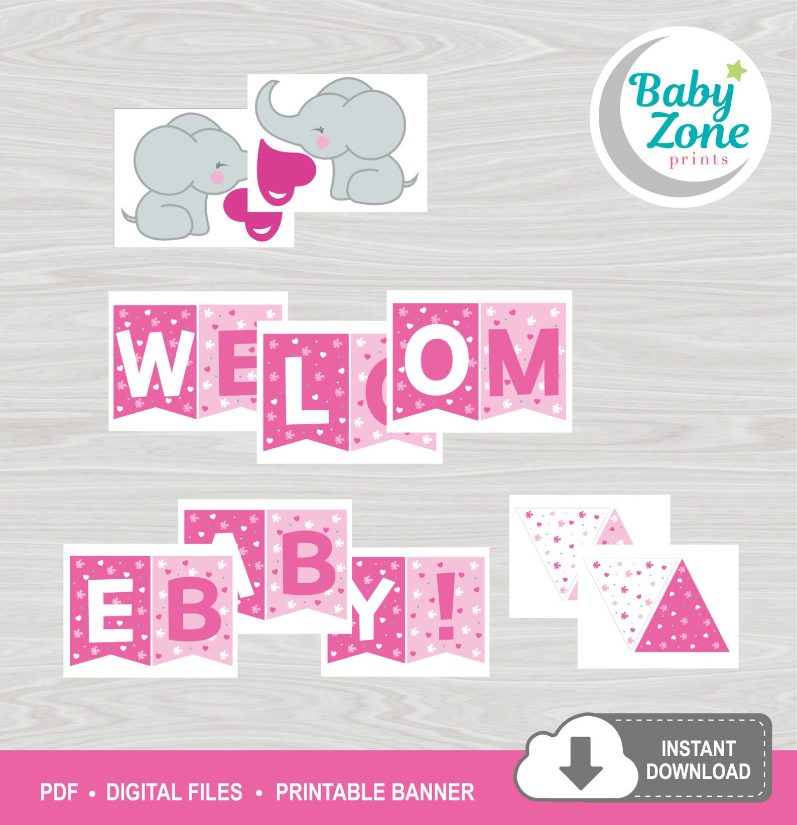 Welcome Baby! Printable Banner Baby Girl Elephant Baby Shower Pink Baby ...