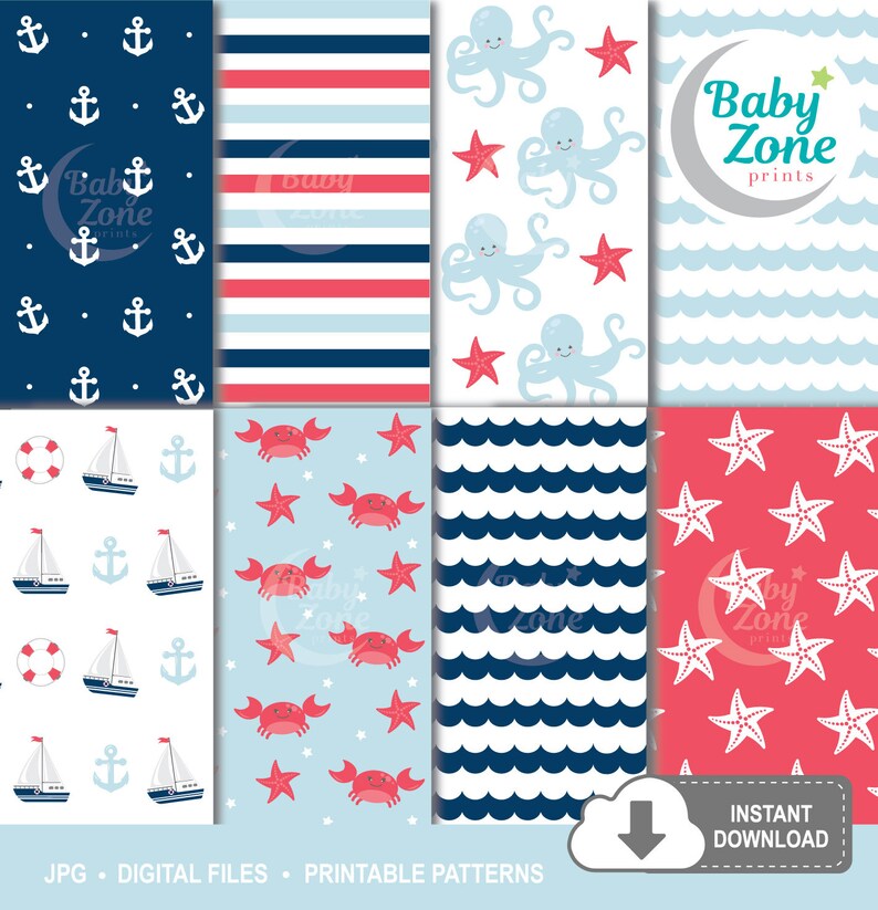 Nautical Sailboat Digital Paper Patterns Pack, Navy Baby Scrapbooking ...