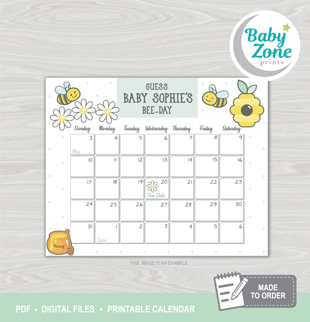 Bumble Bee Baby Due Date Printable Prediction Calendar Guess the Baby ...