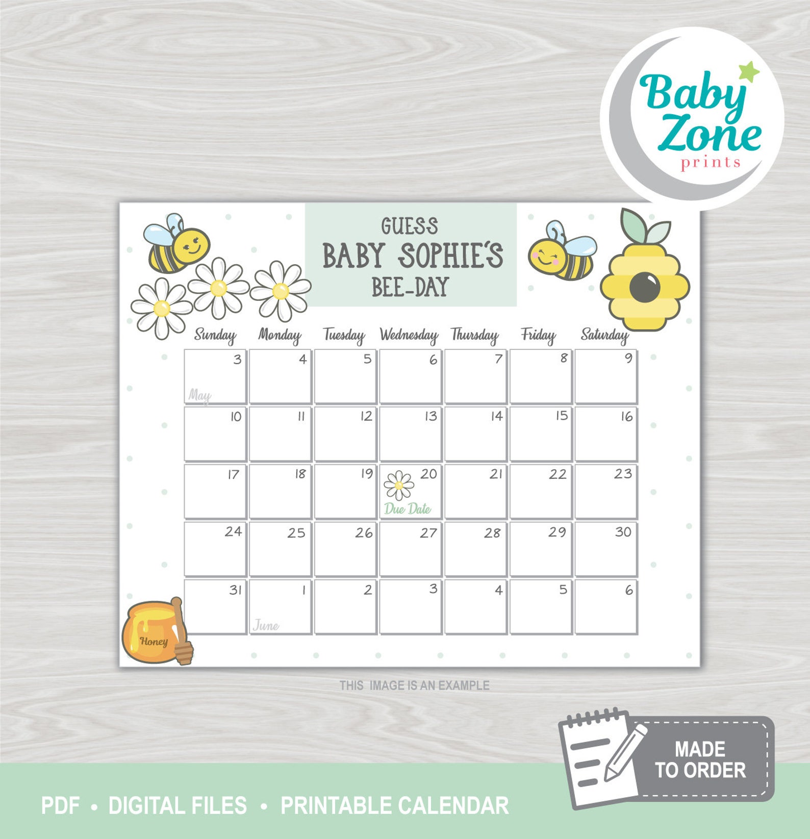 Bumble Bee Baby Due Date Printable Prediction Calendar Guess the Baby ...
