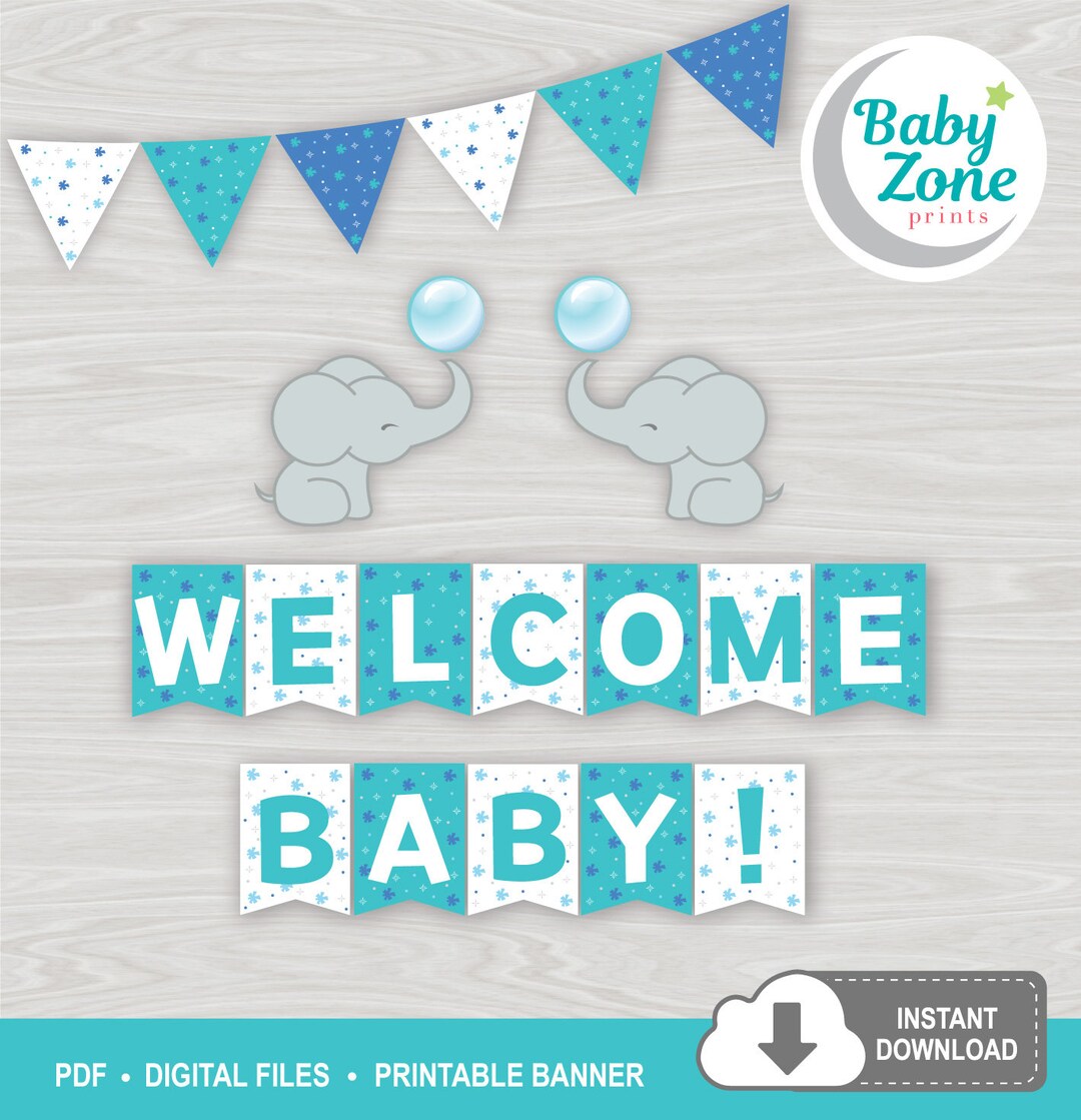 Welcome Baby! Banner Baby Boy Elephant Baby Shower Instant Download ...