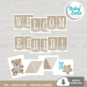 Teddy Bear Welcome Baby! Printable Banner Brown Beige Baby Boy Baby ...