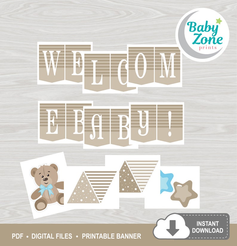 Teddy Bear Welcome Baby! Printable Banner Brown Beige Baby Boy Baby ...