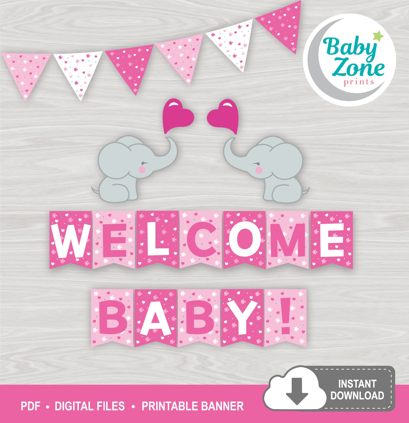 Welcome Baby! Printable Banner Baby Girl Elephant Baby Shower Pink Baby ...
