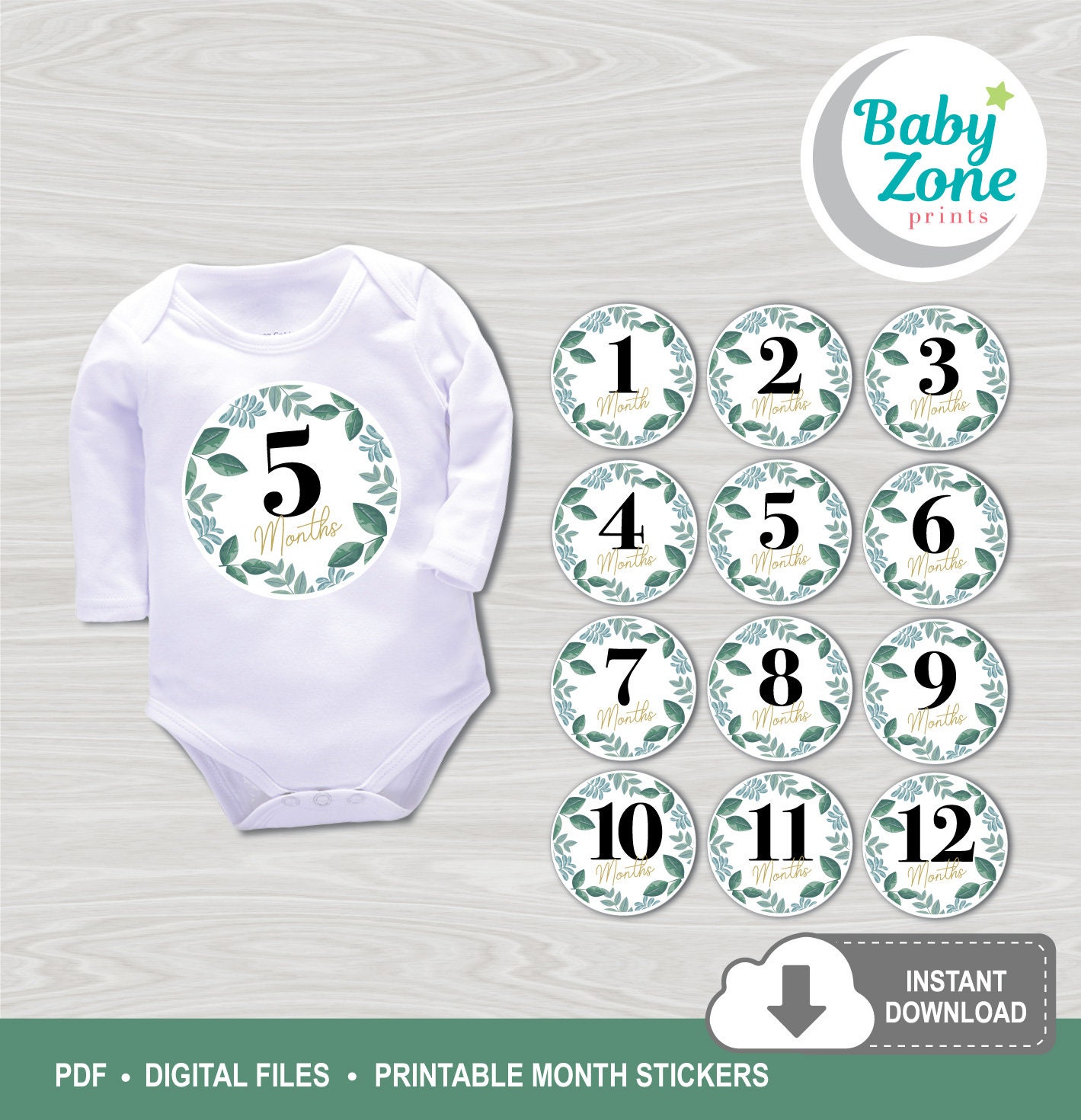 Greenery Printable Monthly Stickers Baby Milestone Stickers Baby Belly ...