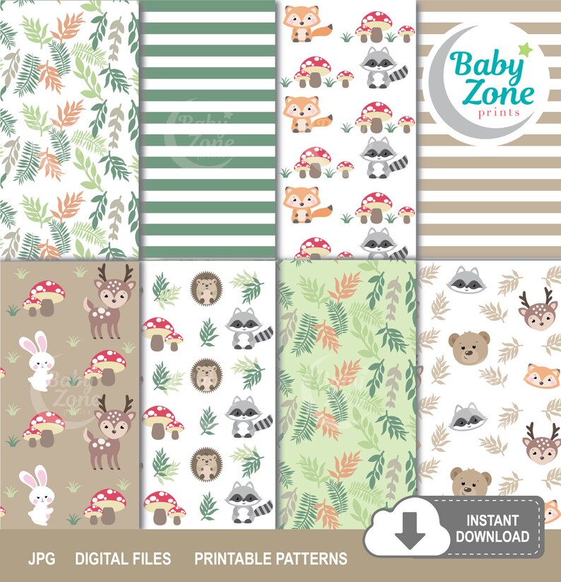 Woodland Digital Paper Patterns Pack, Forest Animals Baby Scrapbooking ...