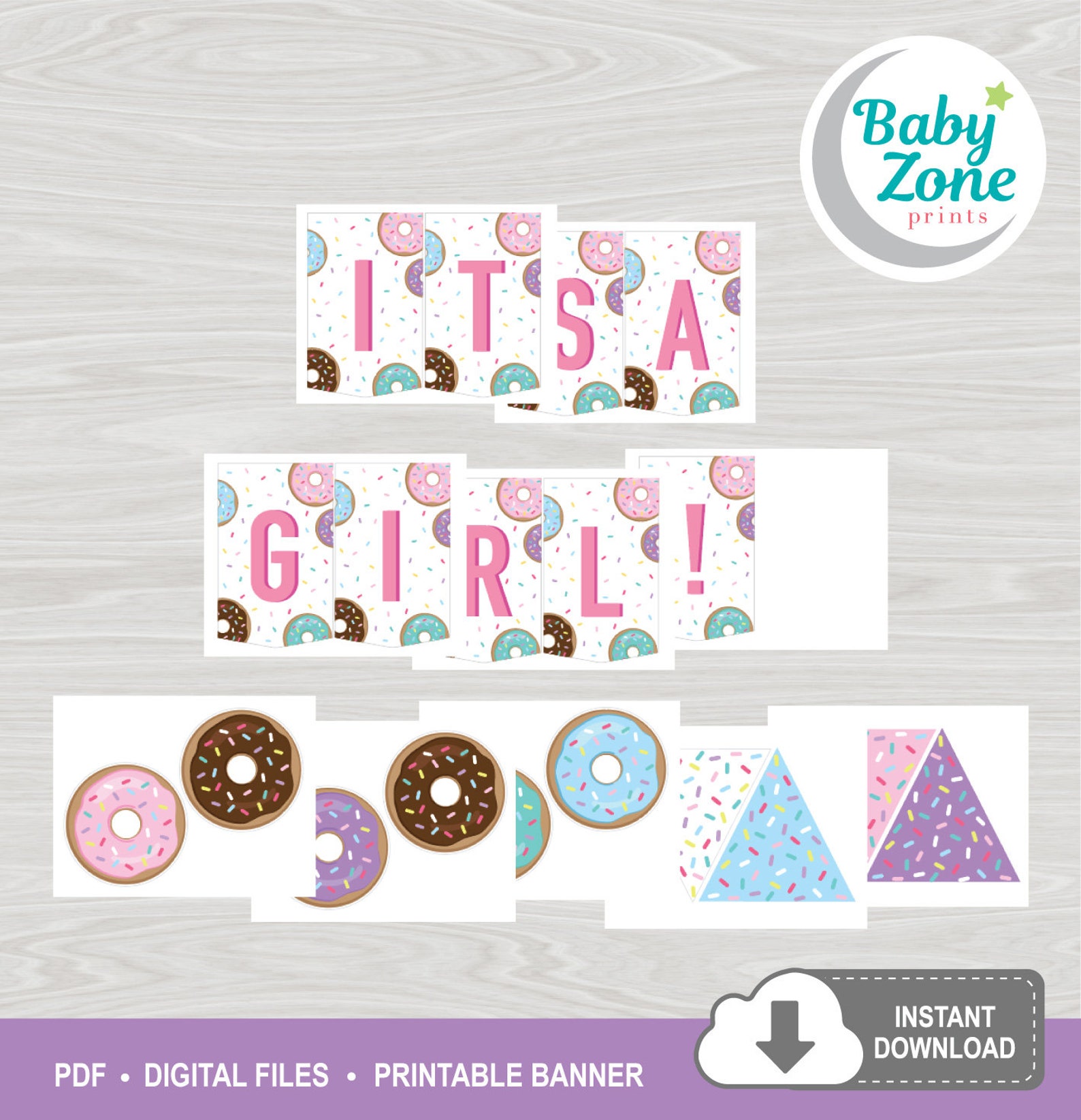 Donuts It's a Girl Printable Banner Baby Shower Pink Donut Shop ...