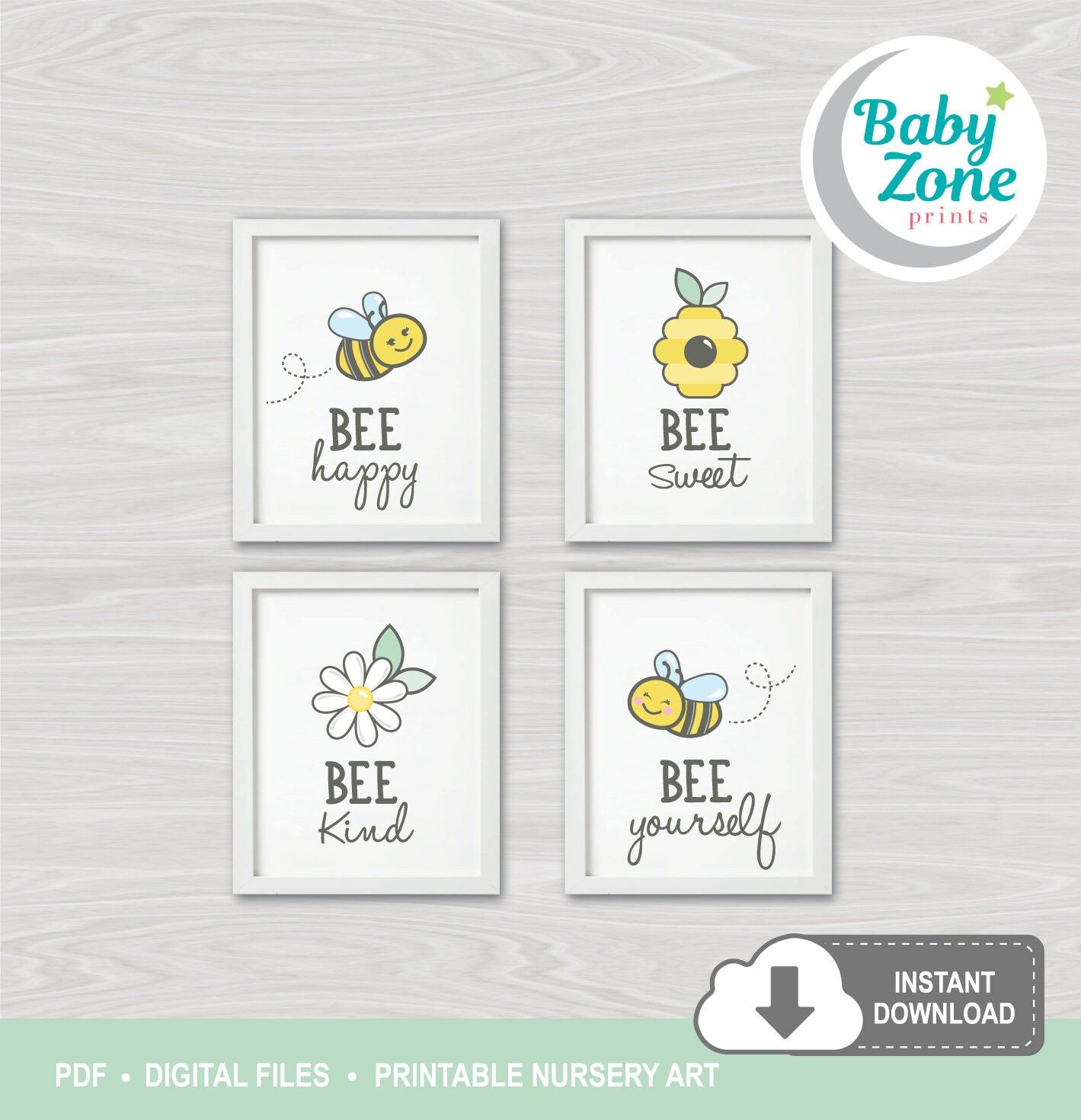 Bee Nursery Art Set of 4 Posters Bumble Bee Baby Printable Instant ...