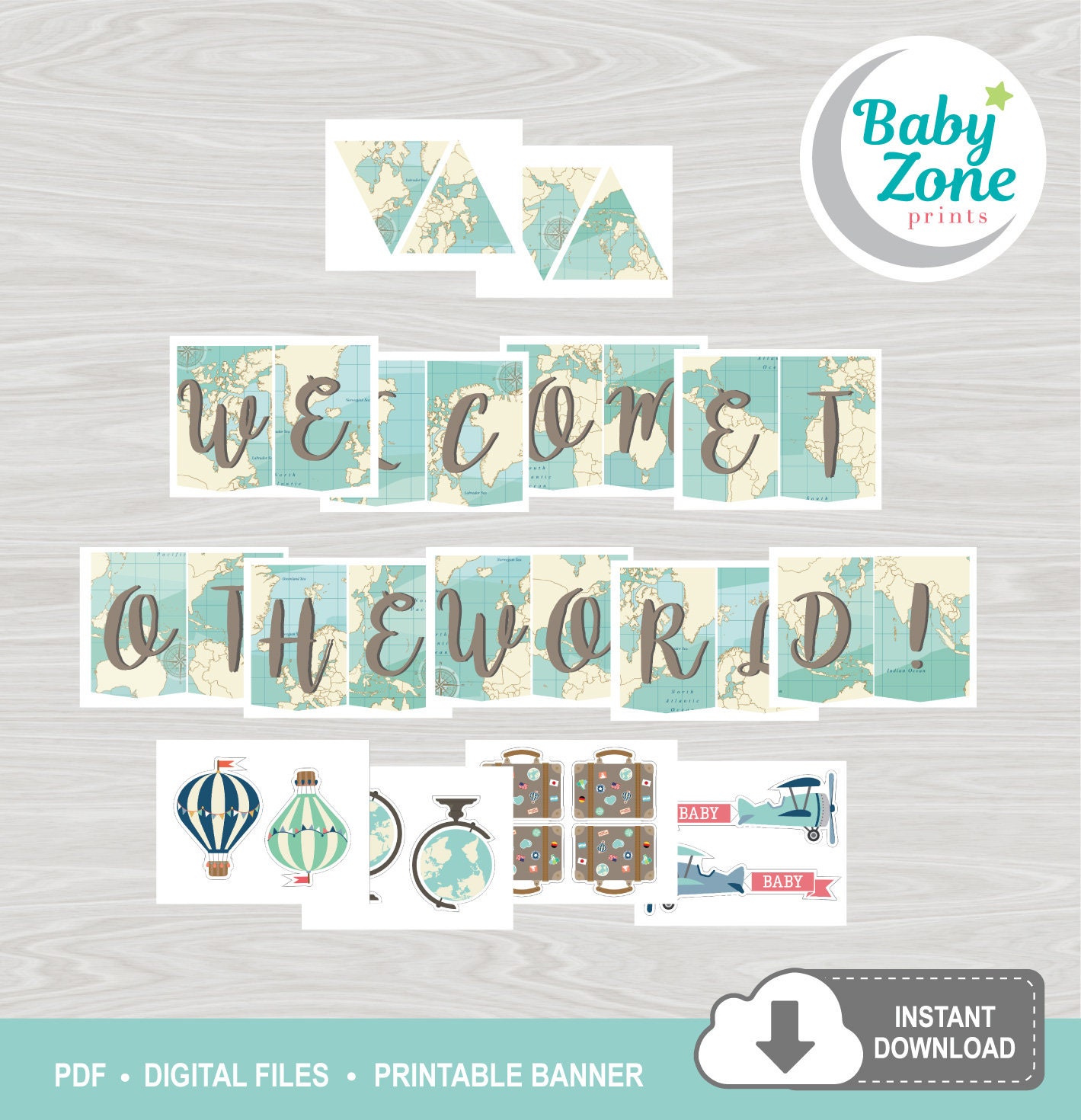 Welcome to the World! World Traveler Map Printable Banner Baby Shower ...