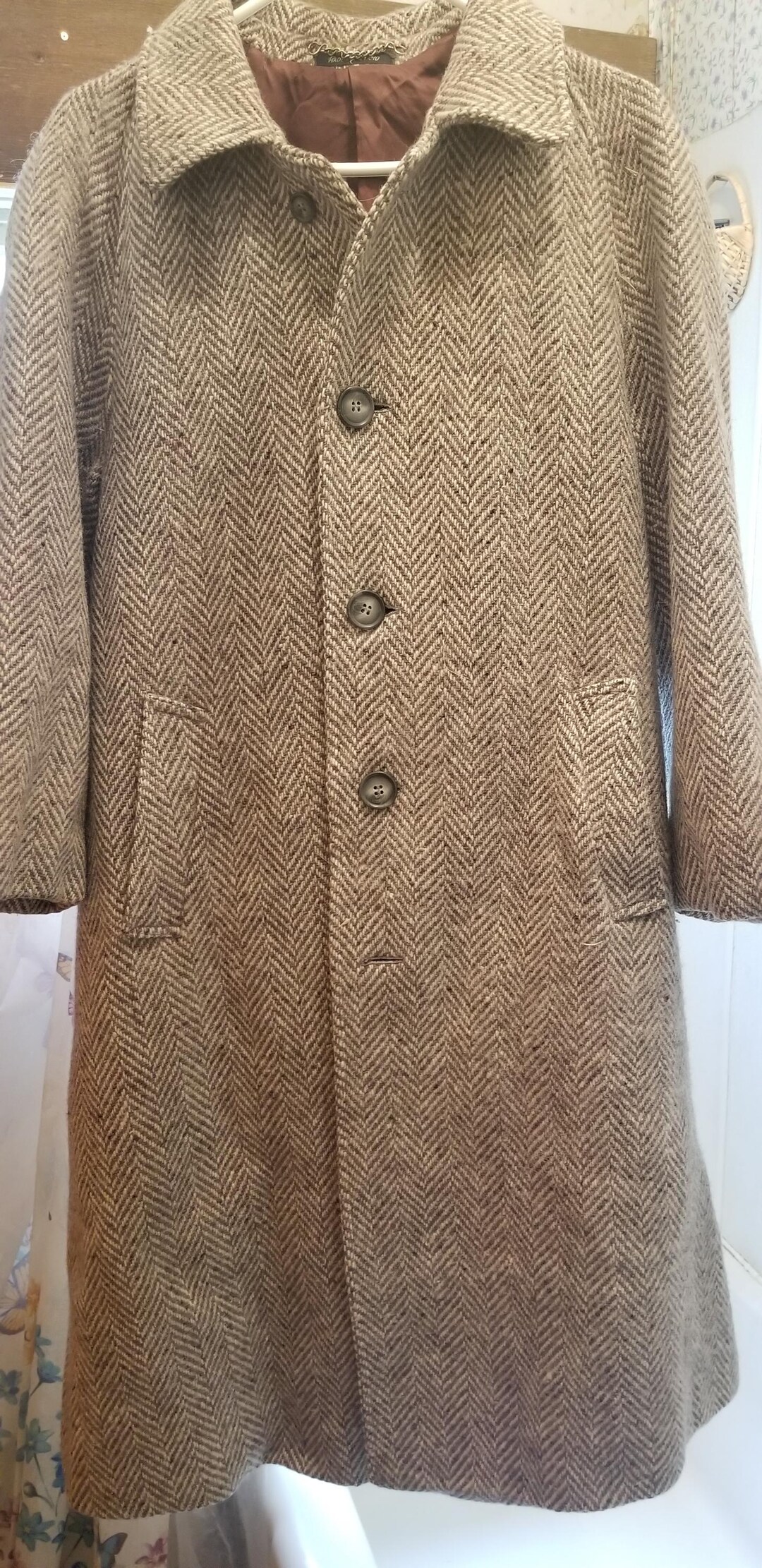 Women's Vintage Irish Wool Donegal Tweed Long Coat Herringbone Pattern ...