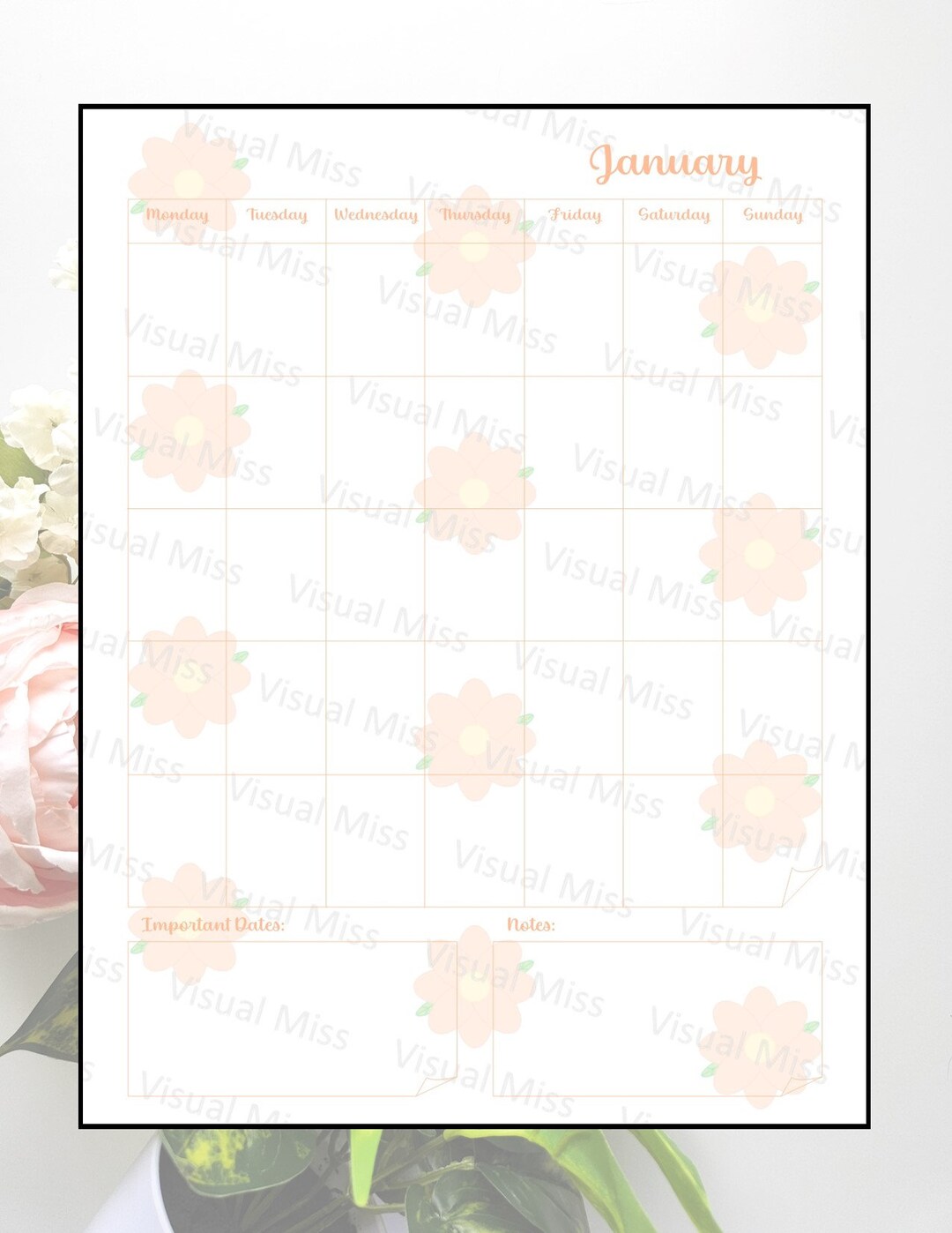 Simple Peach Flower Calendar - Etsy
