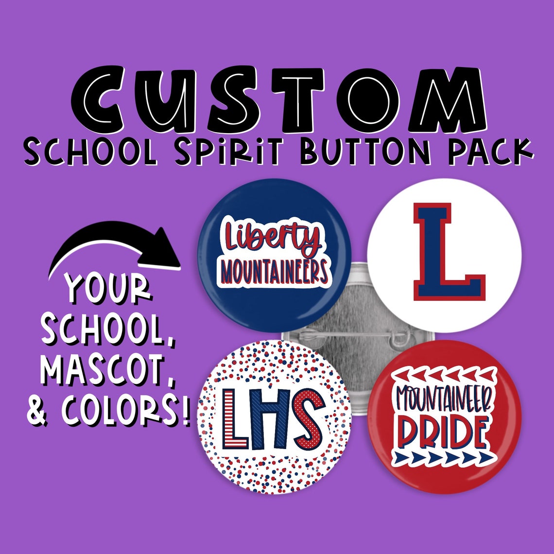 CUSTOM School Spirit Pinback Button Pack of 4 | Your School, Your ...