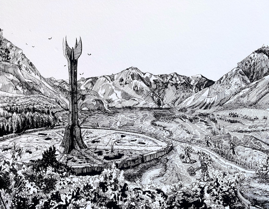 Isengard Lord of the Rings Drawing Tolkien Art Print Orthanc Ink ...