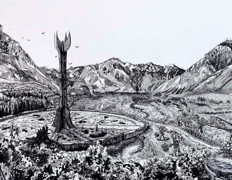 Isengard Lord of the Rings Drawing Tolkien Art Print Orthanc Ink ...