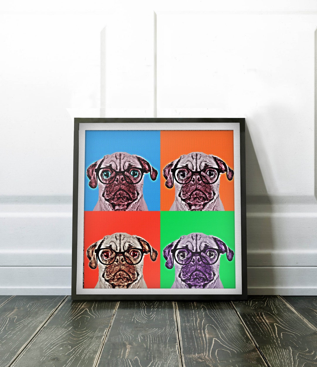Geek Pug in 4 Colors Background - Pug Poster Canvas Wall Decor Interior ...