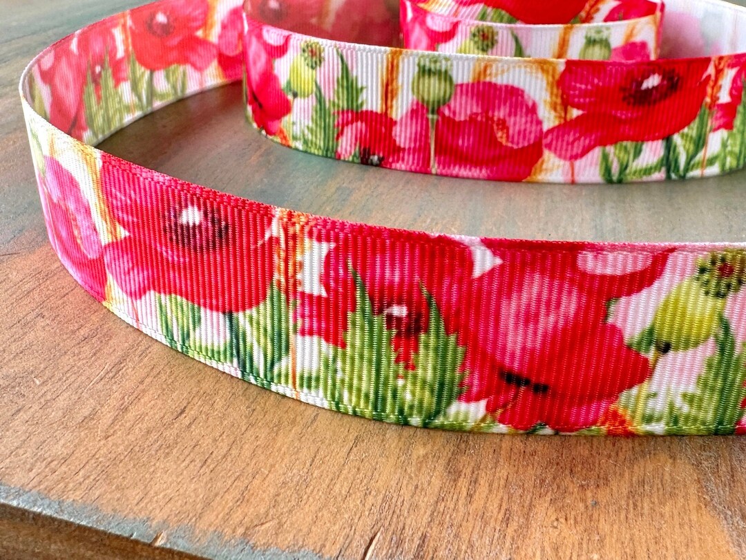 Poppy Selfie Grosgrain Ribbon 22mm White Floral Ribbon Red Ribbon ...