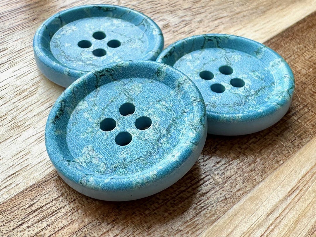 Azure Blue Buds 25mm 6 Piece Round Asian Floral Button Two Holes Craft ...