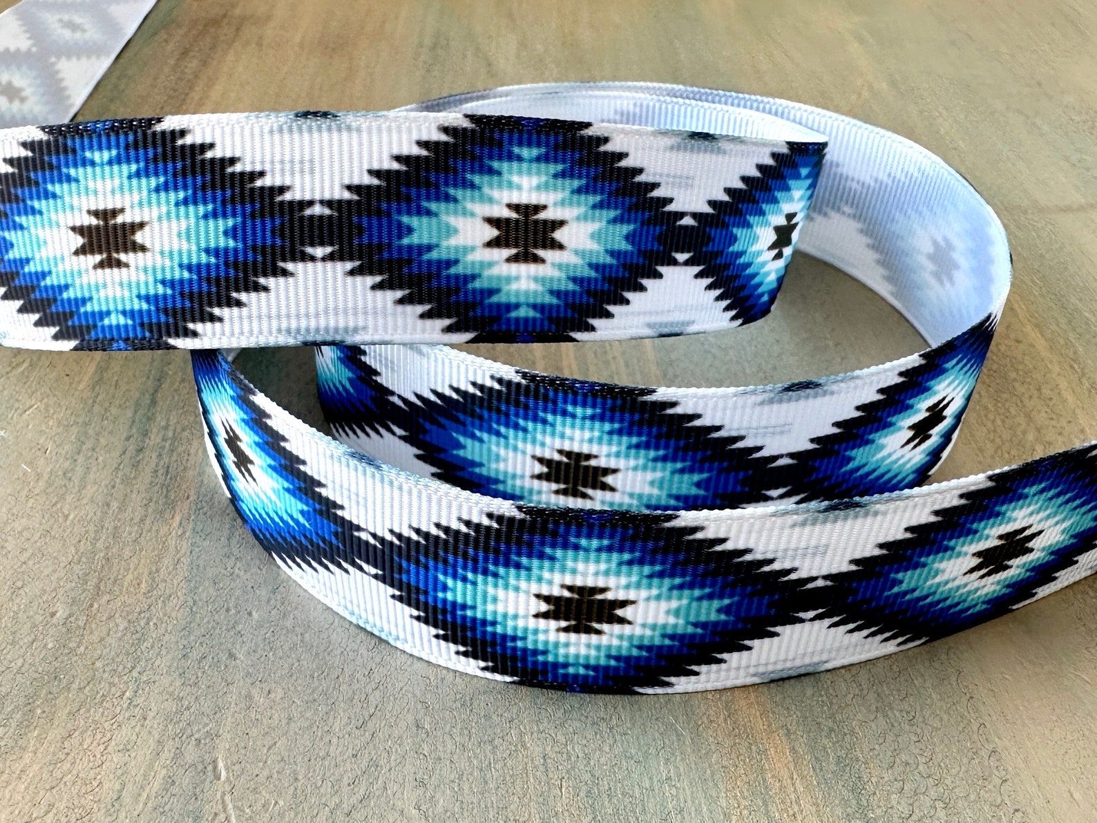 Aztec Blue Grosgrain Ribbon 22mm 38mm Blue Tribal Boho Southwest Design ...