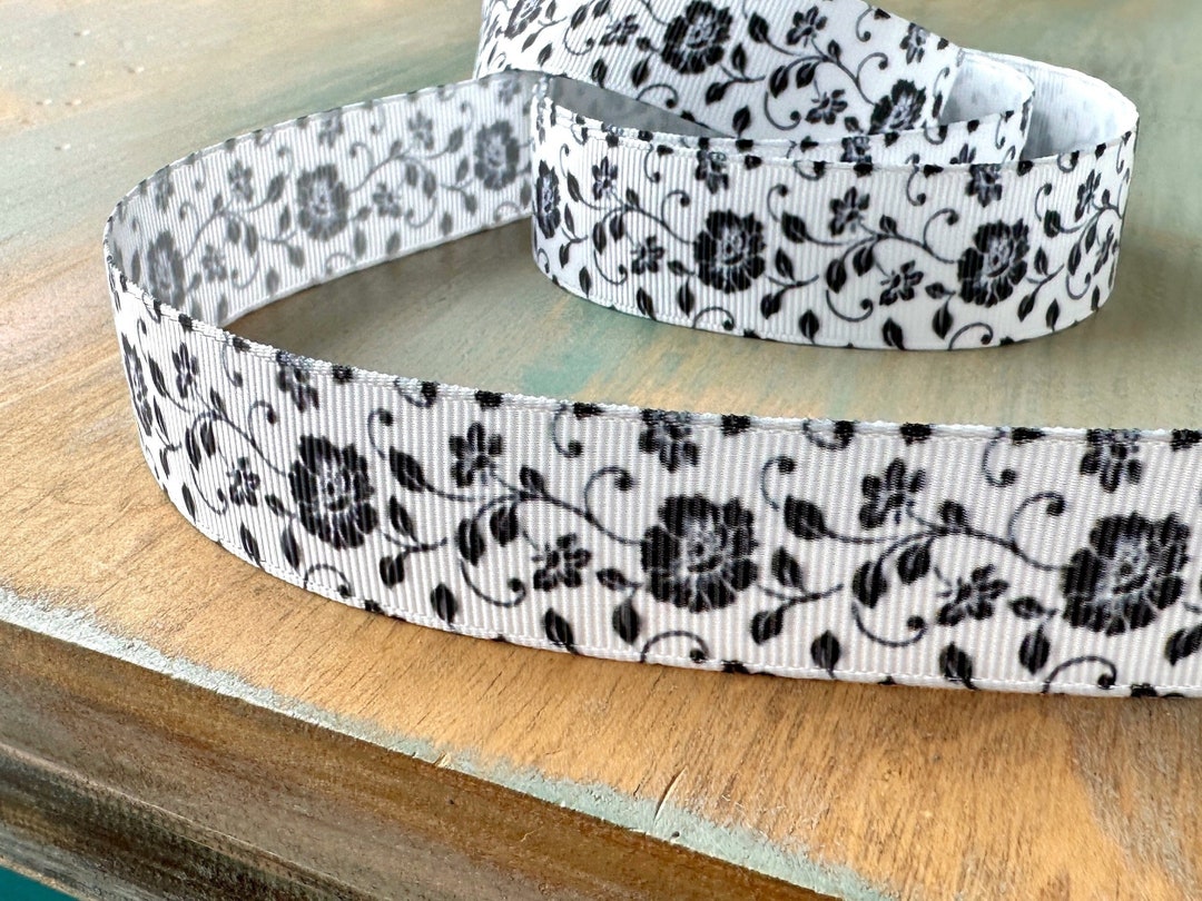 Floral Black N White Grosgrain Ribbon 25mm White Flower Ribbon Chintz ...